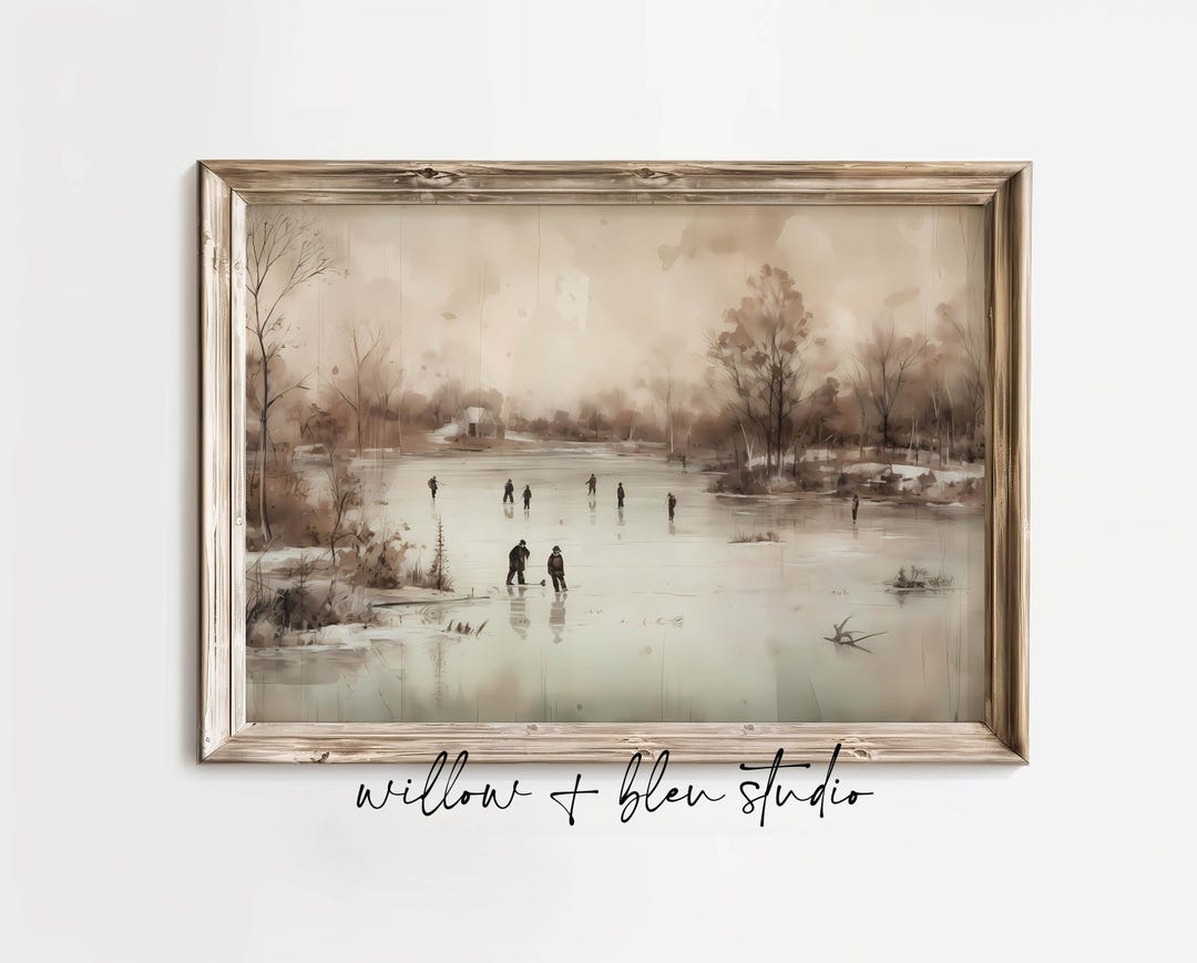 Vintage Hockey Printable, Neutral Winter Ice Skaters Art, Rustic ...