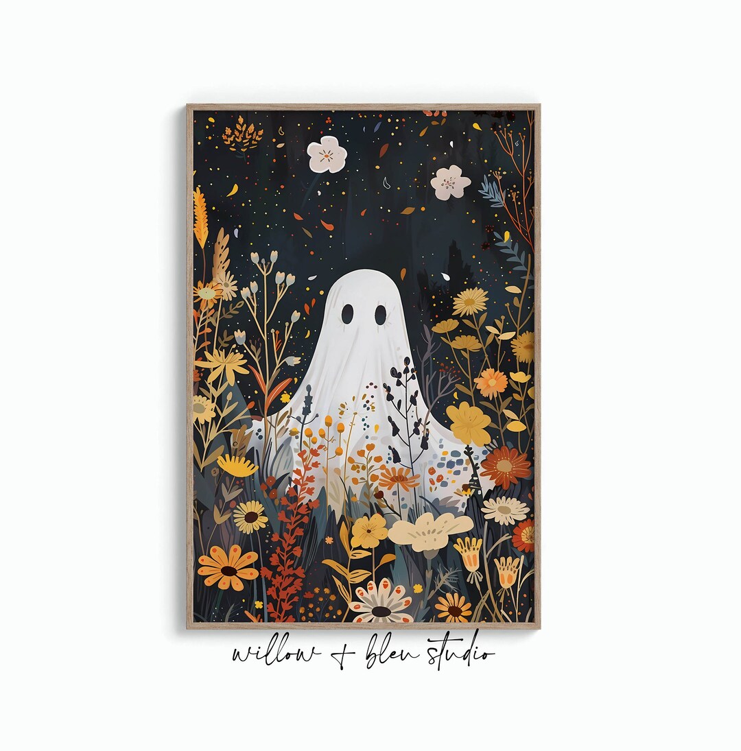 Cute Printable Halloween Ghost Wall Art, Summerween Ghostly Wildflower ...