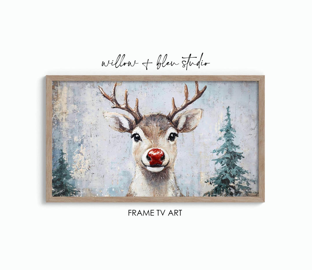 Vintage Rudolph Red Nose Reindeer Frame Tv Art, Neutral Festive ...