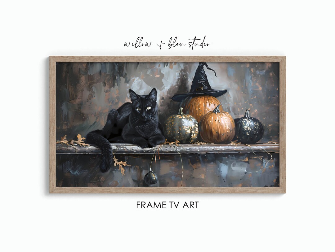 Moody Black Cat Halloween Frame Tv Art, Spooky Gothic Pumpkin Witches ...