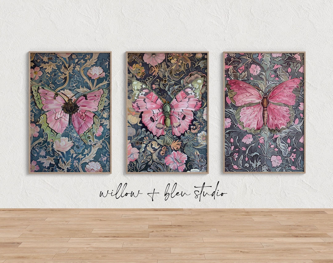 William Morris Printable Pink Butterfly Wall Art Set, Rococo Maximalist ...