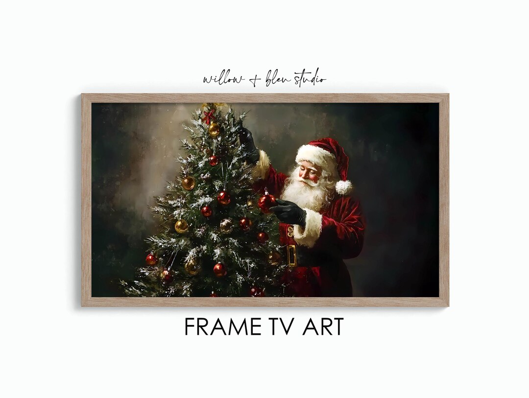 Christmas Frame TV Art — Vintage Santa Decorating Tree, Digital ...