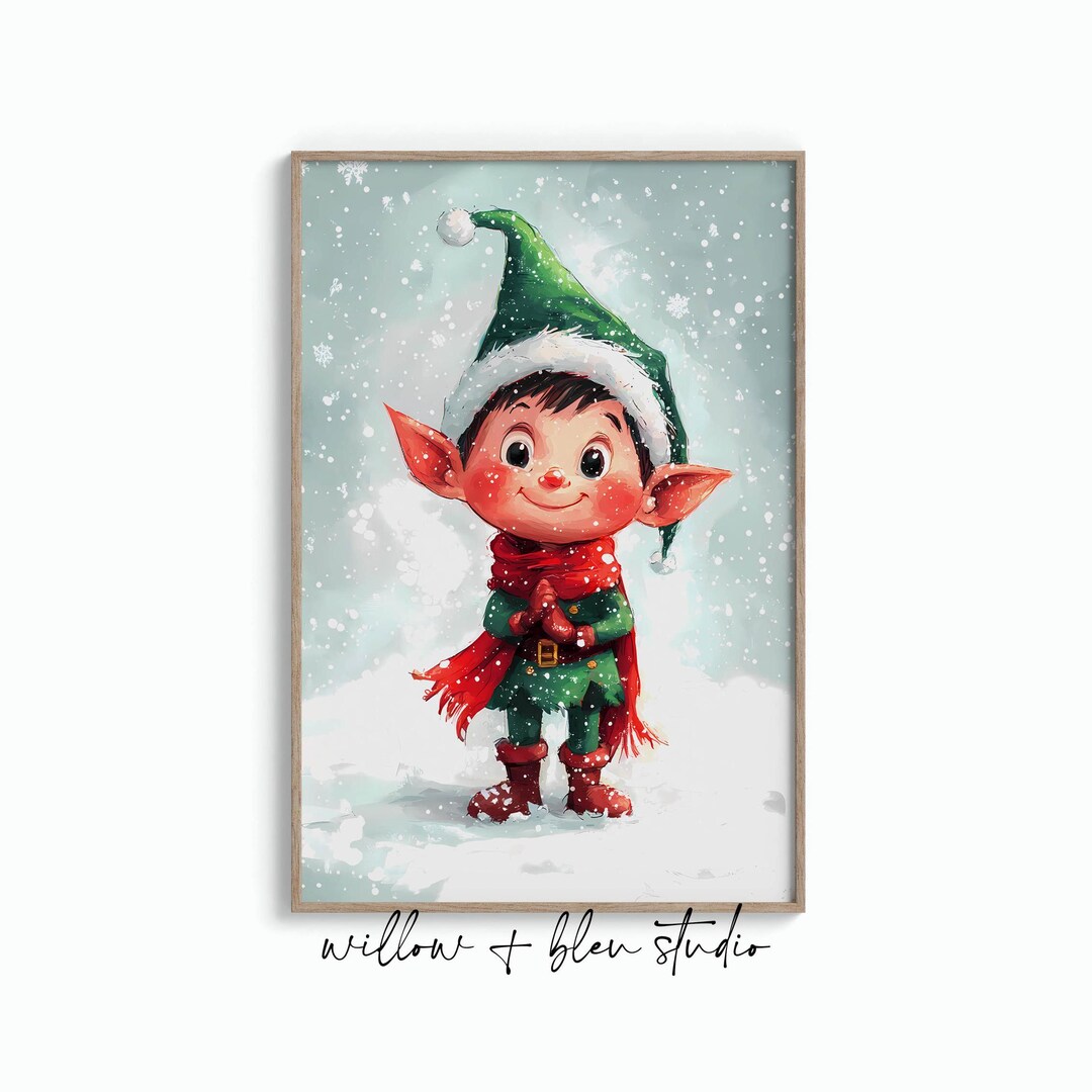 Retro Elf Christmas Printable Wall Art, Whimsical Watercolor Santa ...