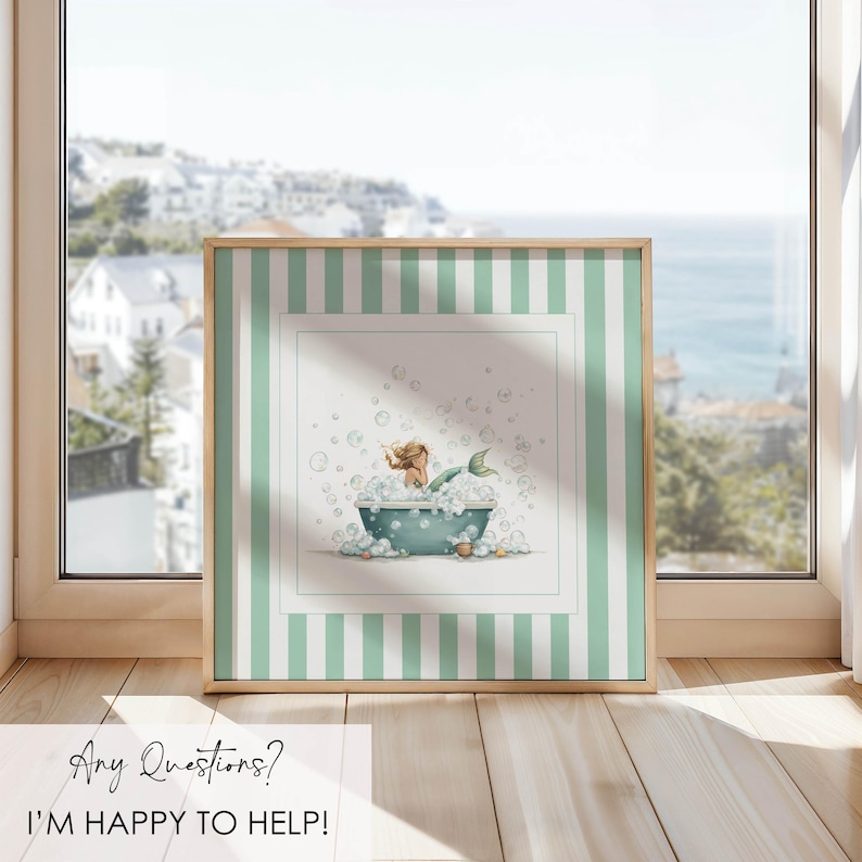 Whimsical Mermaid Bubble Bath Print Set, Aqua Coastal Bathroom Art ...