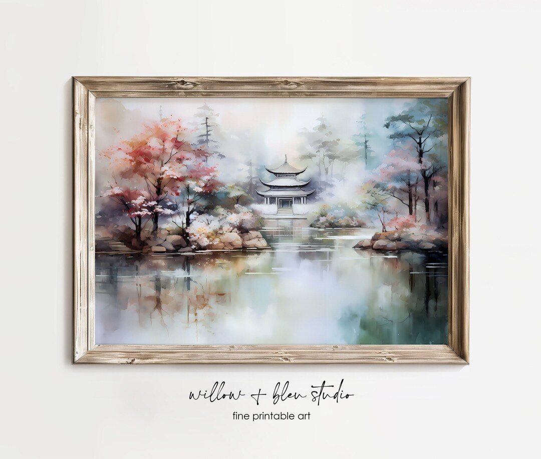 Spring Japanese Landscape Printable Wall Art, Pink Green Spring ...