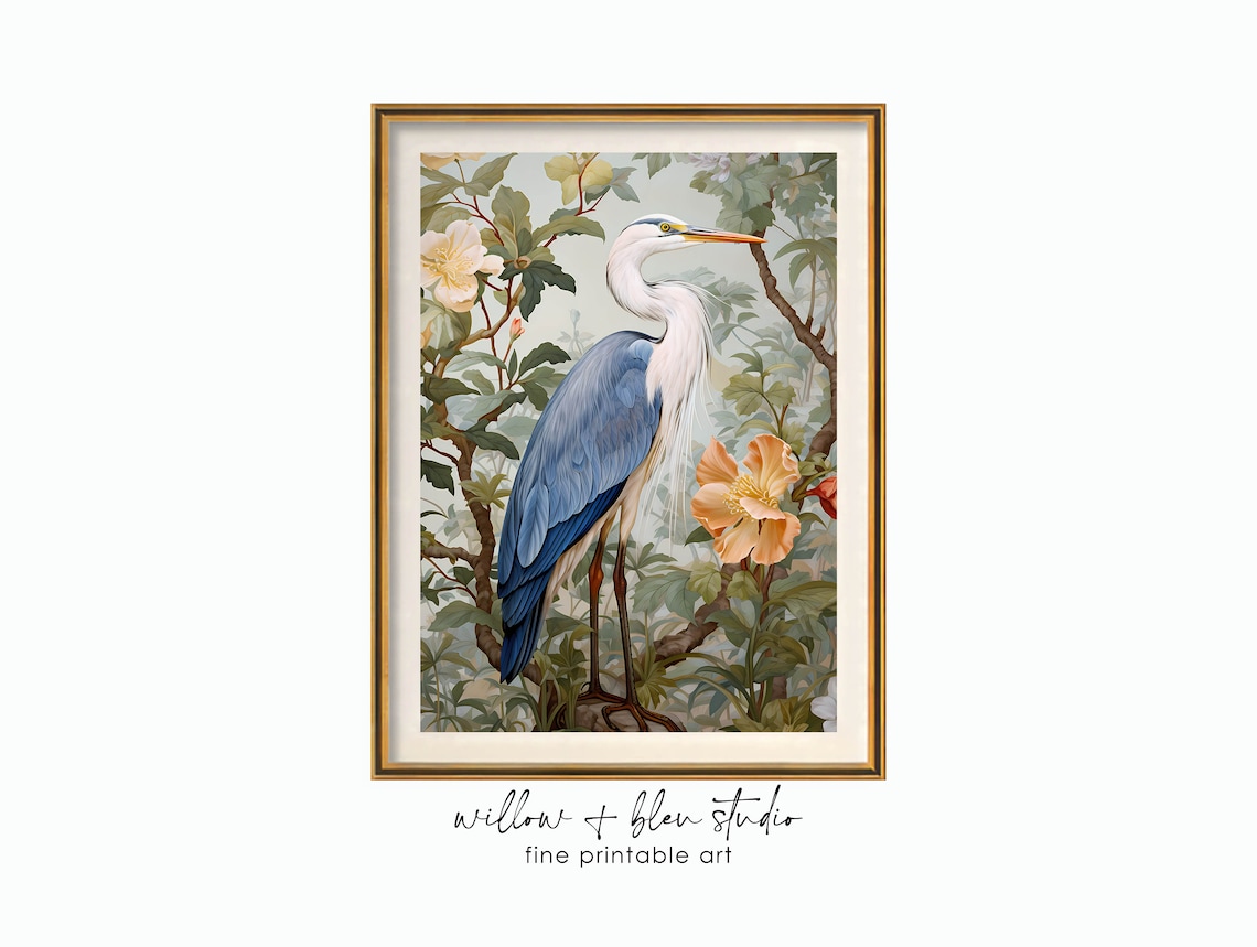 Printable Rococo Chinoiserie Wall Art William Morris Blue Heron Print ...