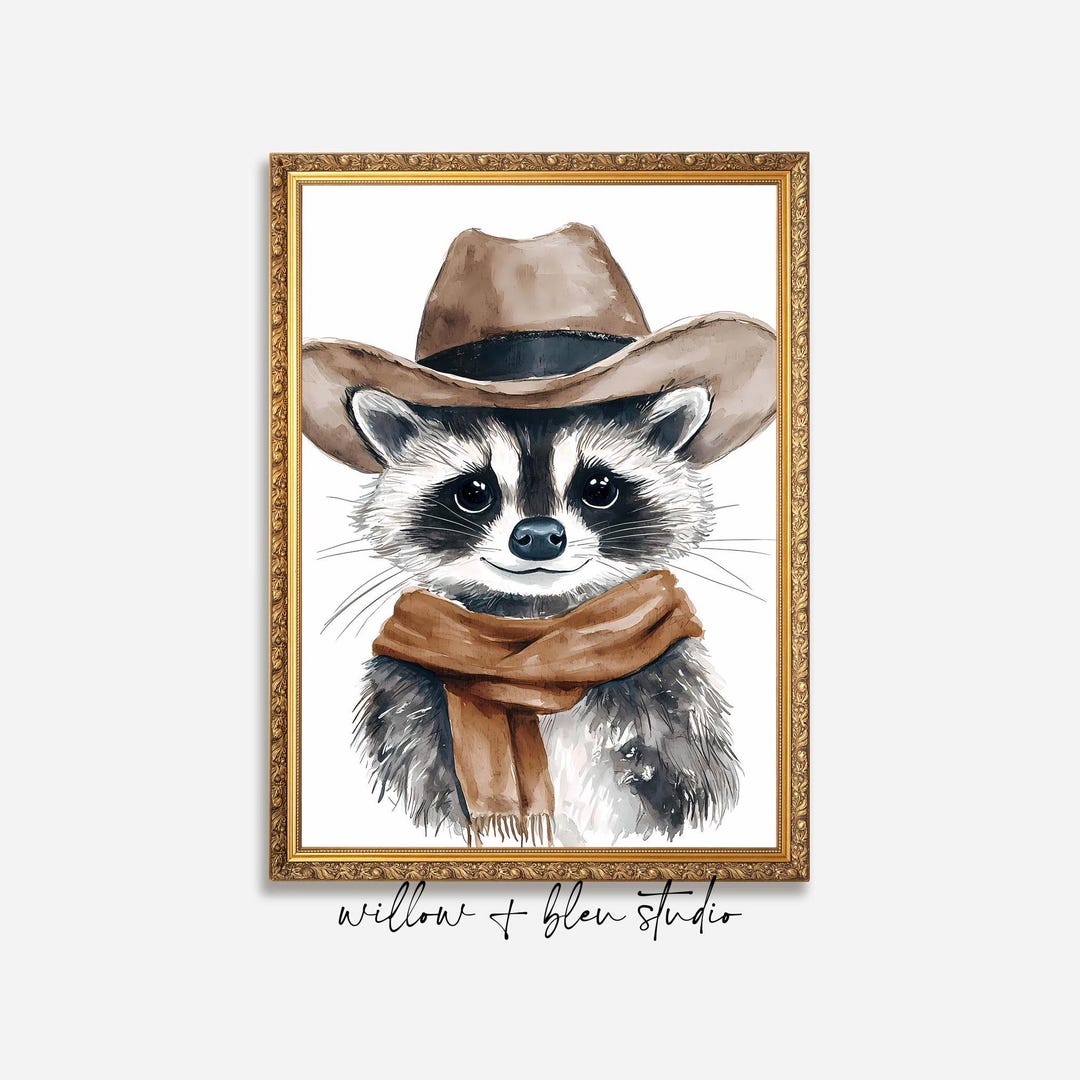 Racoon Cowboy Printable Wall Art, Whimsical Neutral Brown Western ...