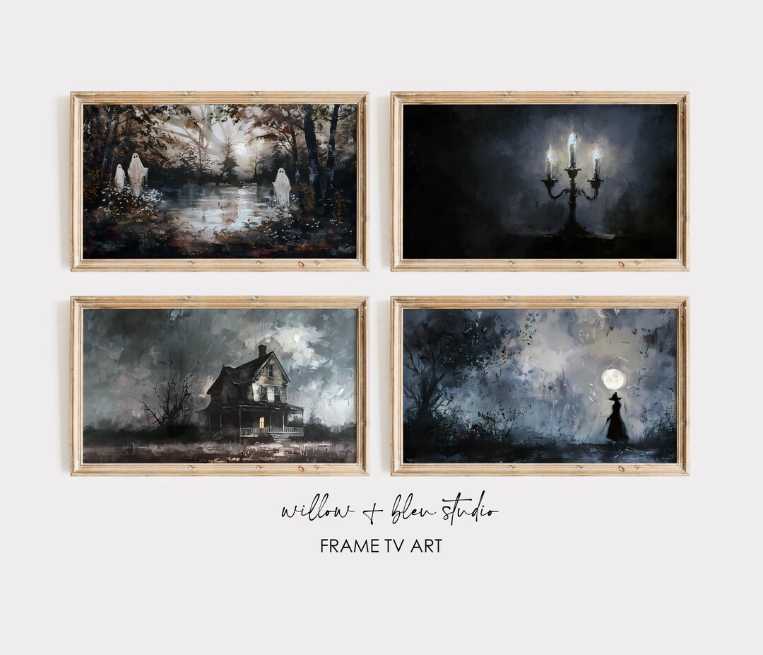 Spooky Halloween Frame TV Art Set, Ghosts, Witch & Haunted House Scenes ...