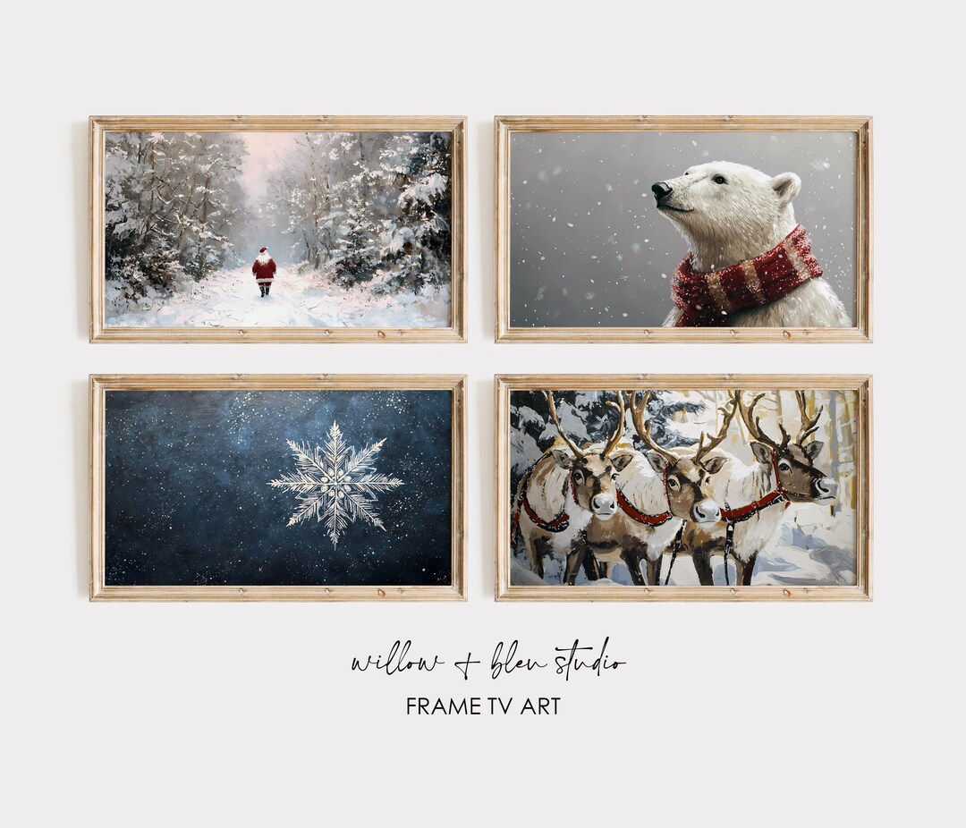 Rustic Christmas Frame Tv Art Bundle Set of 4, Festive Holiday Santa ...