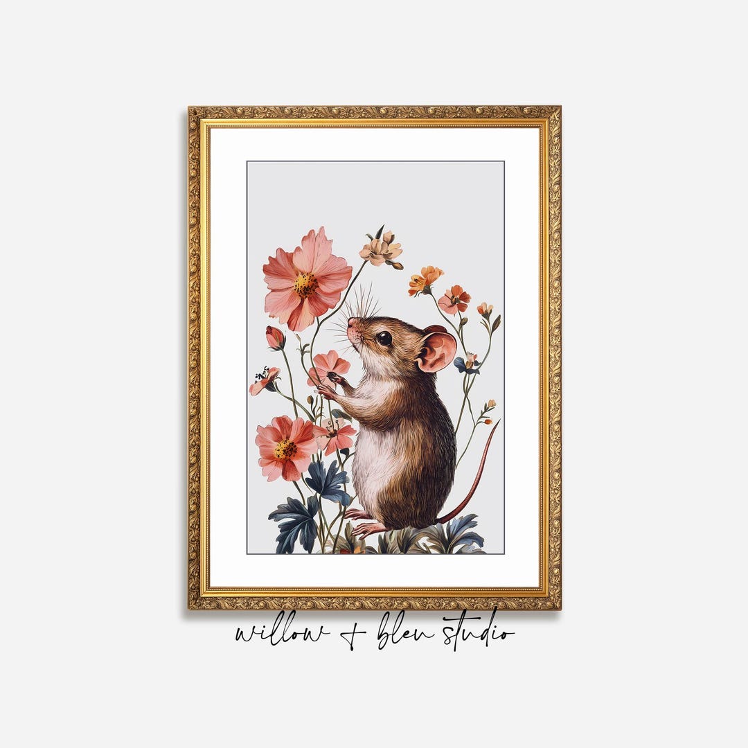 Whimsical Mouse With Flowers Printable Wall Art for Girly Nursery, Pink ...
