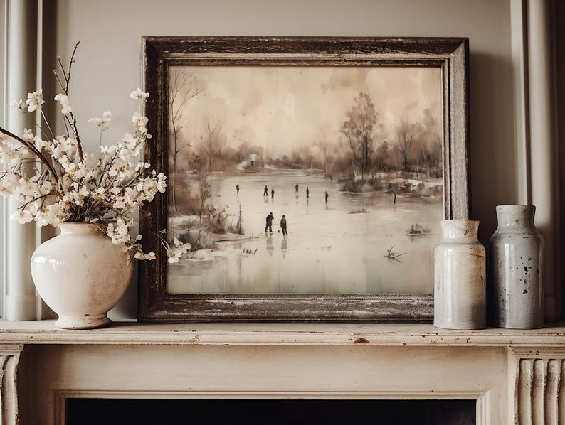 Vintage Hockey Printable, Neutral Winter Ice Skaters Art, Rustic ...