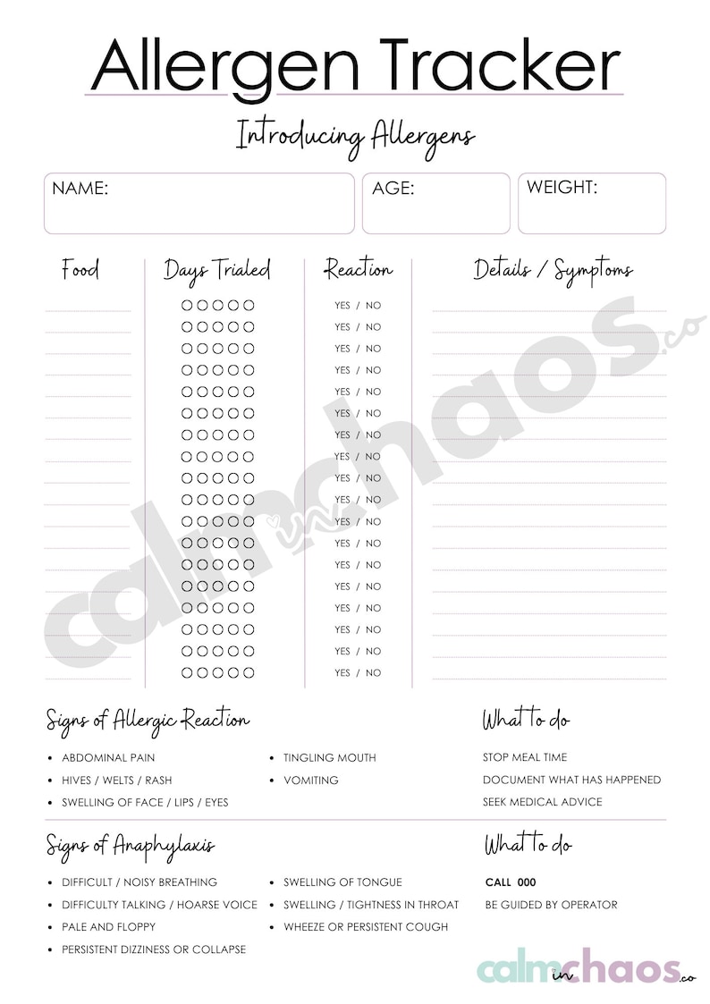 Baby's First Foods Allergen Tracker: Printable PDF - Etsy