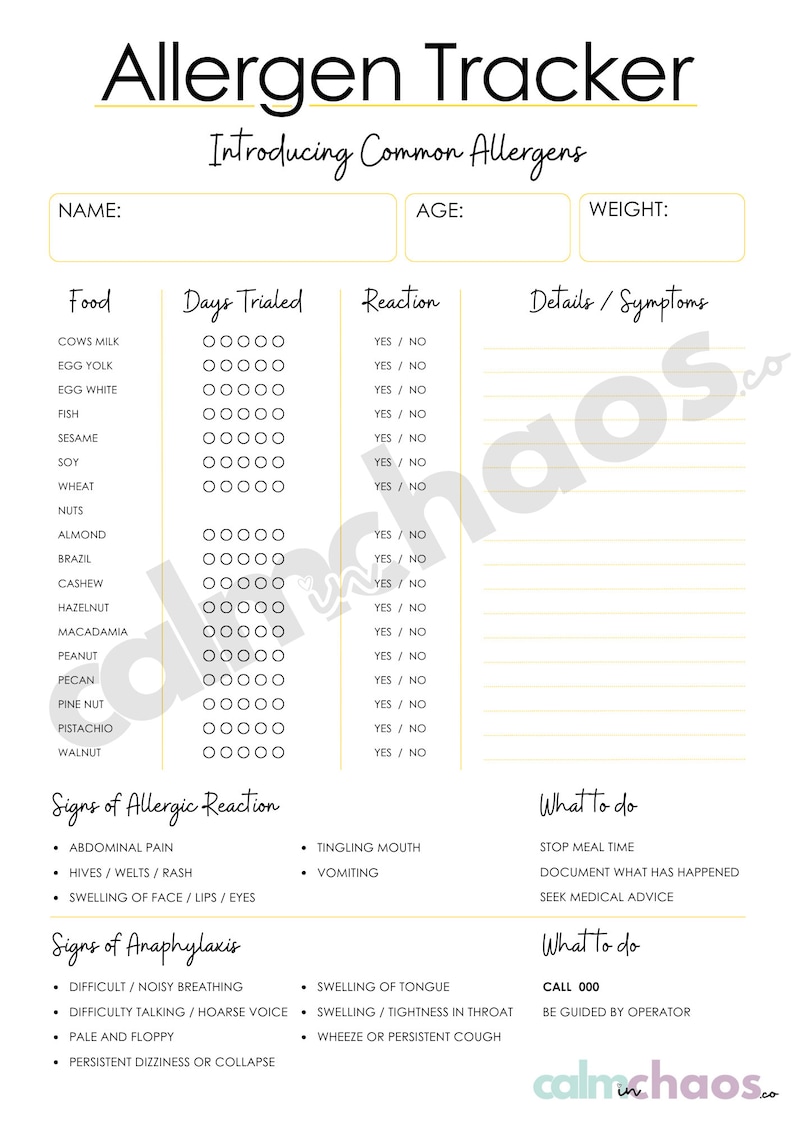 Baby's First Foods Allergen Tracker - Common Allergens + Blank Allergen ...