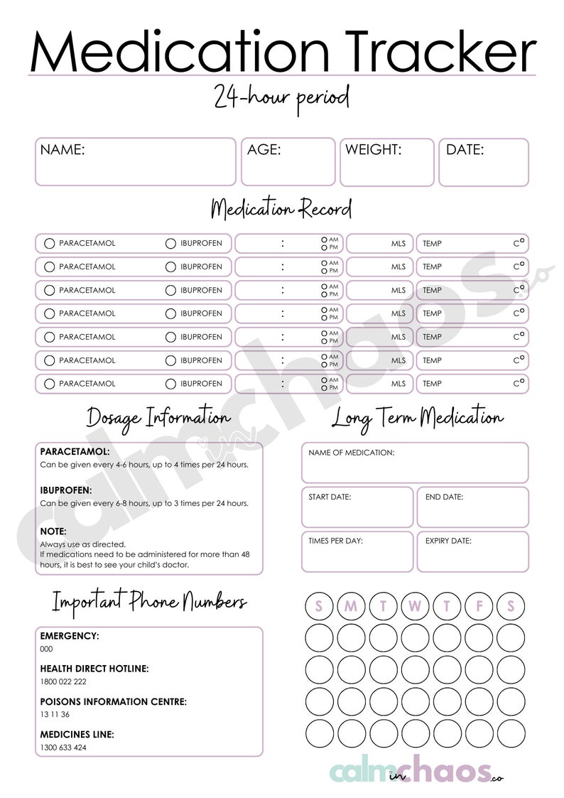 Children's Medication Tracker Printable PDF - Etsy Australia