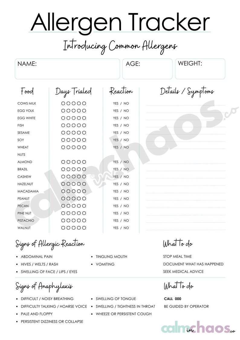 Baby's First Foods Allergen Tracker - Printable PDF - Etsy