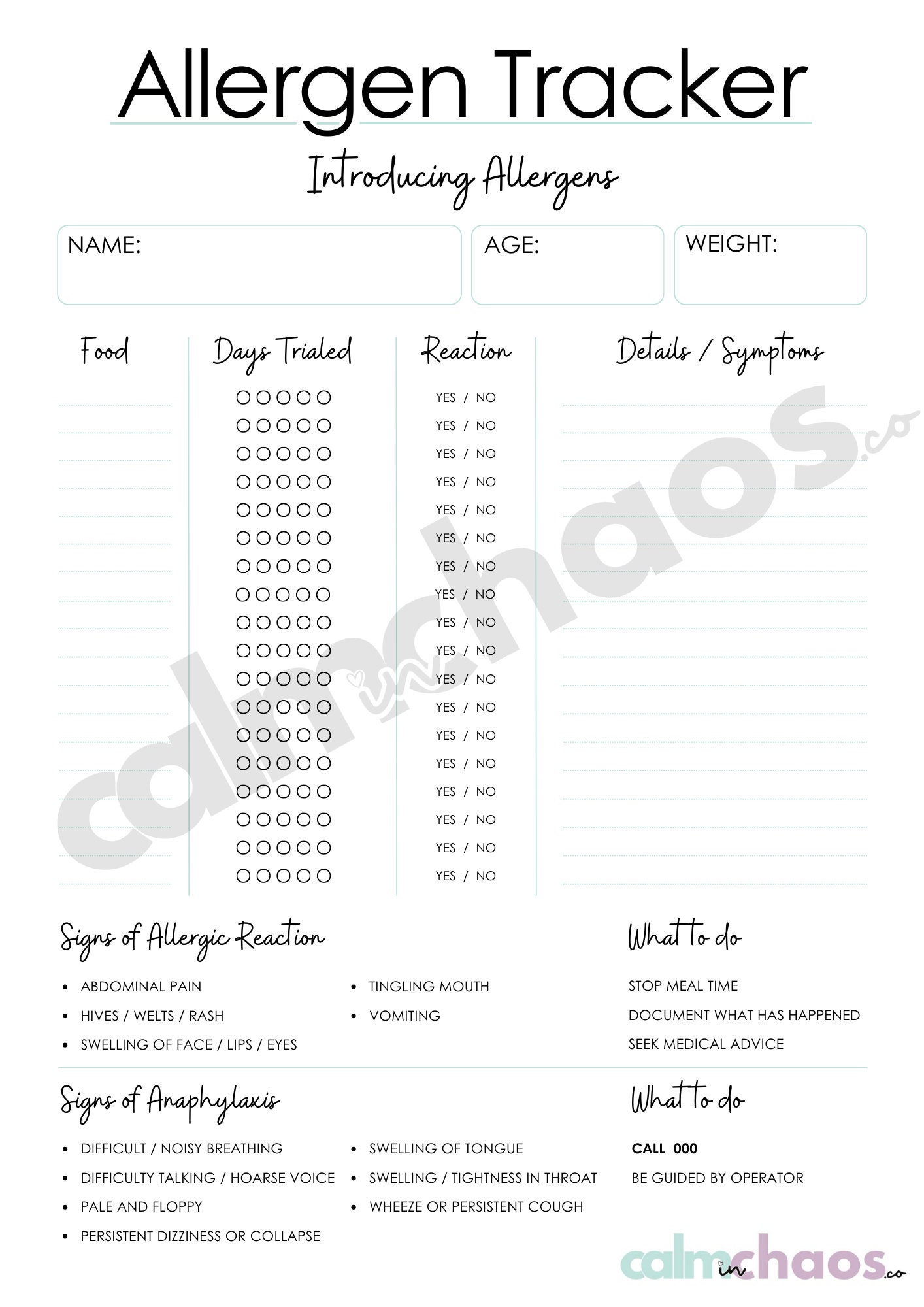 Baby's First Foods Allergen Tracker - Common Allergens + Blank Allergen ...