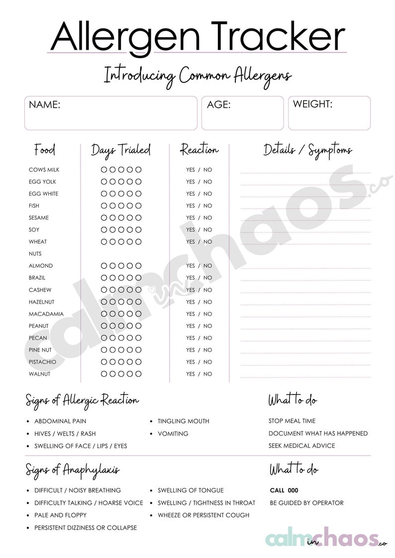 Baby's First Foods Allergen Tracker - Printable PDF - Etsy