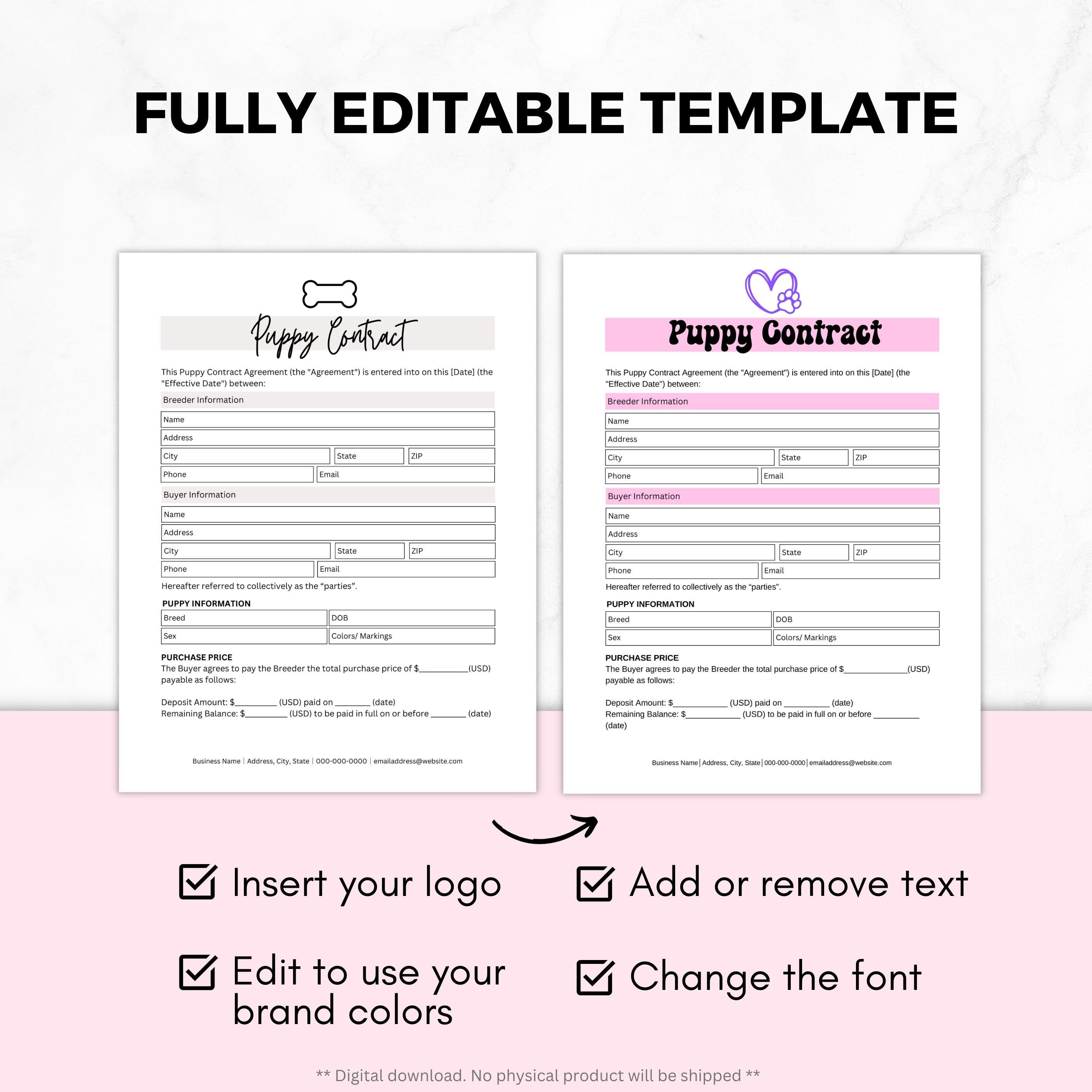 Puppy Contract, Puppy Contract of Sale, Puppy Contract Deposit, Dog ...