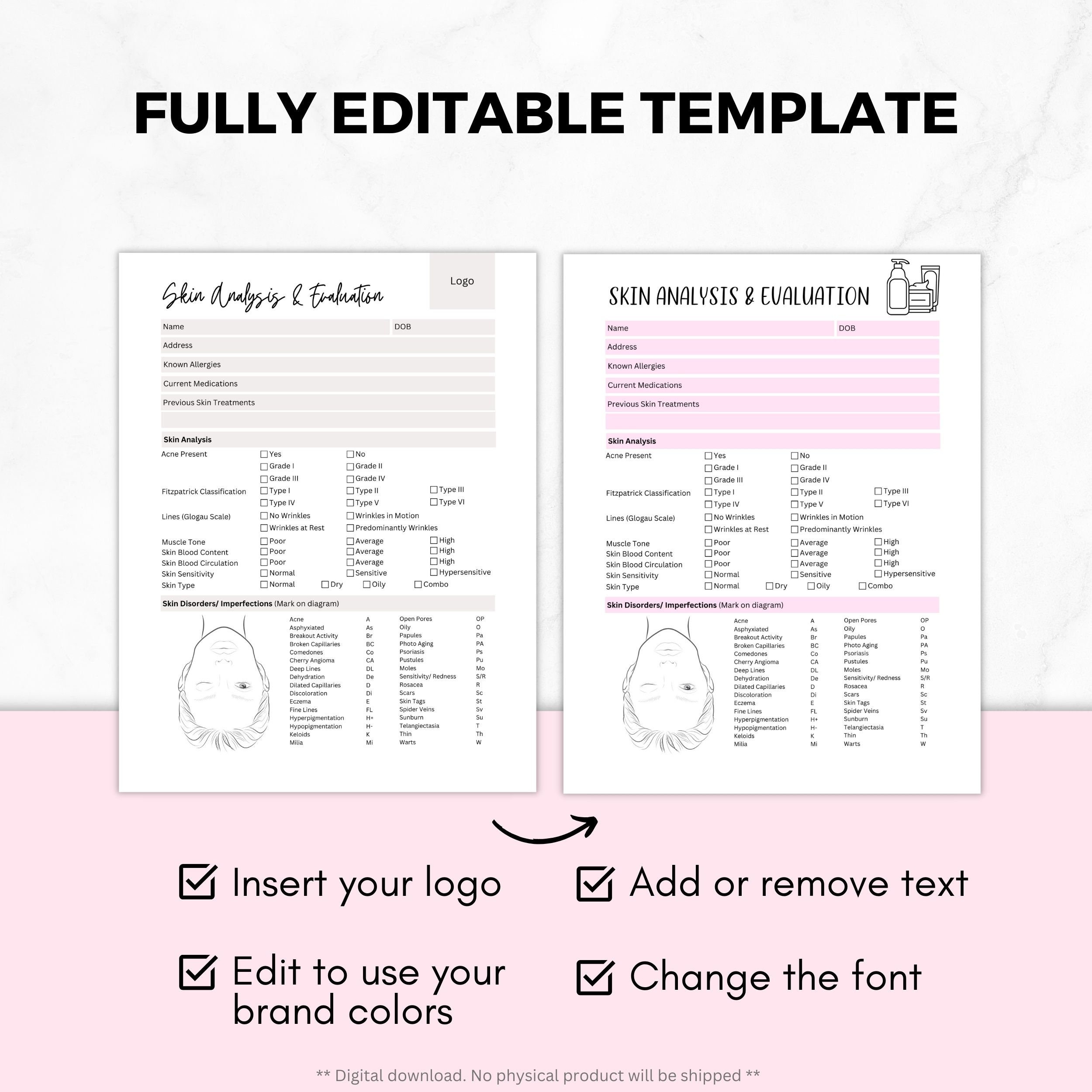 Editable Skin Care Analysis Form, Skin Consultation Form, Evaluation ...