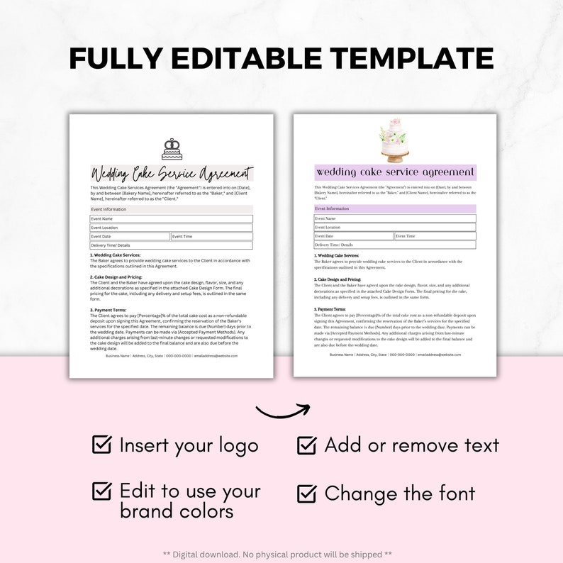 Wedding Cake Contract, Cake Order Contract Template, Editable Cake ...