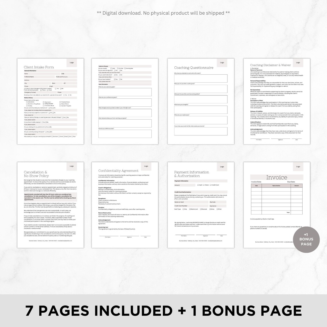 Life Coach Intake Form and Contract, Life Coaching Intake Form, Client ...