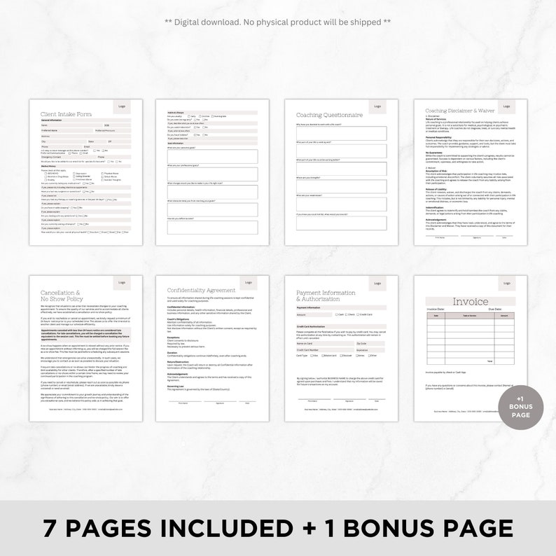 Life Coach Intake Form and Contract, Life Coaching Intake Form, Client ...