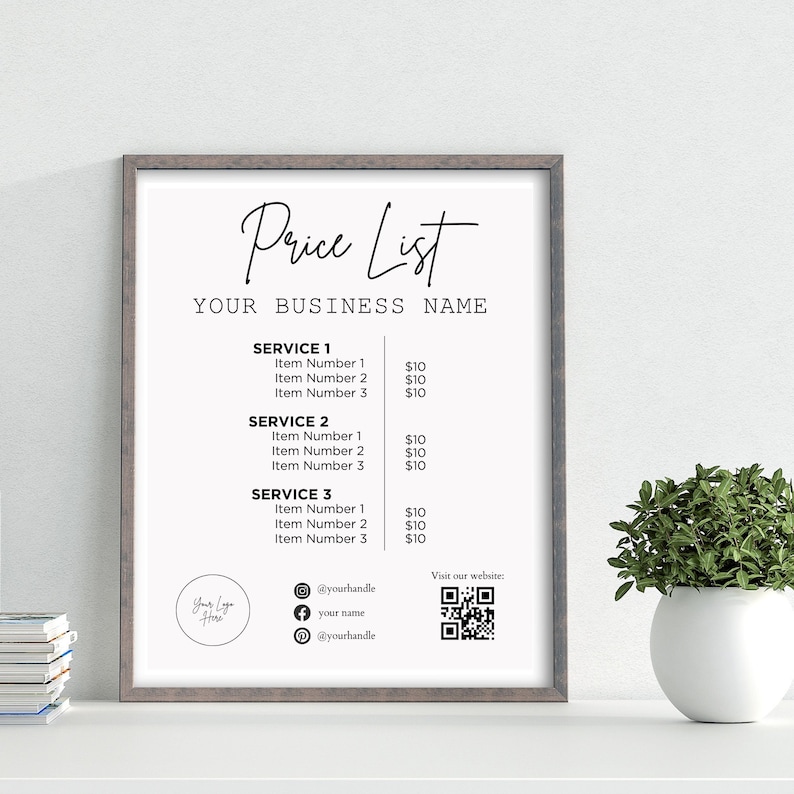 Price List Sign, Editable Price List Sign Printable, QR Code Sign ...