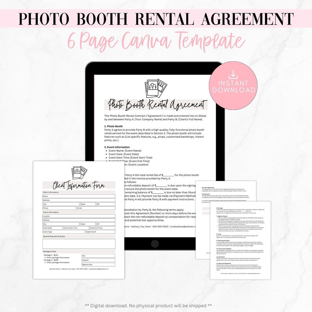 Photo Booth Contract, Editable Photo Booth Rental Contract, Photo Booth ...