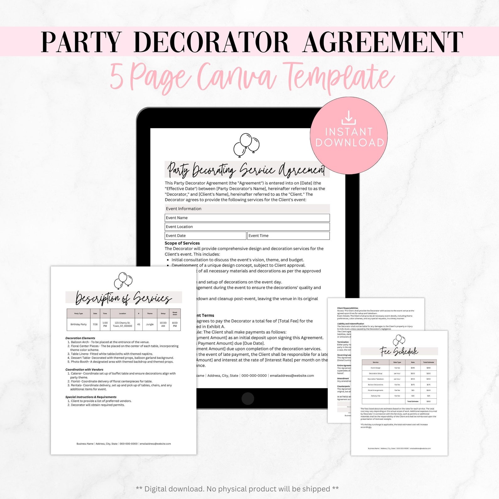 Party Decorator Agreement, Event Decor Contract, Event Decorator ...