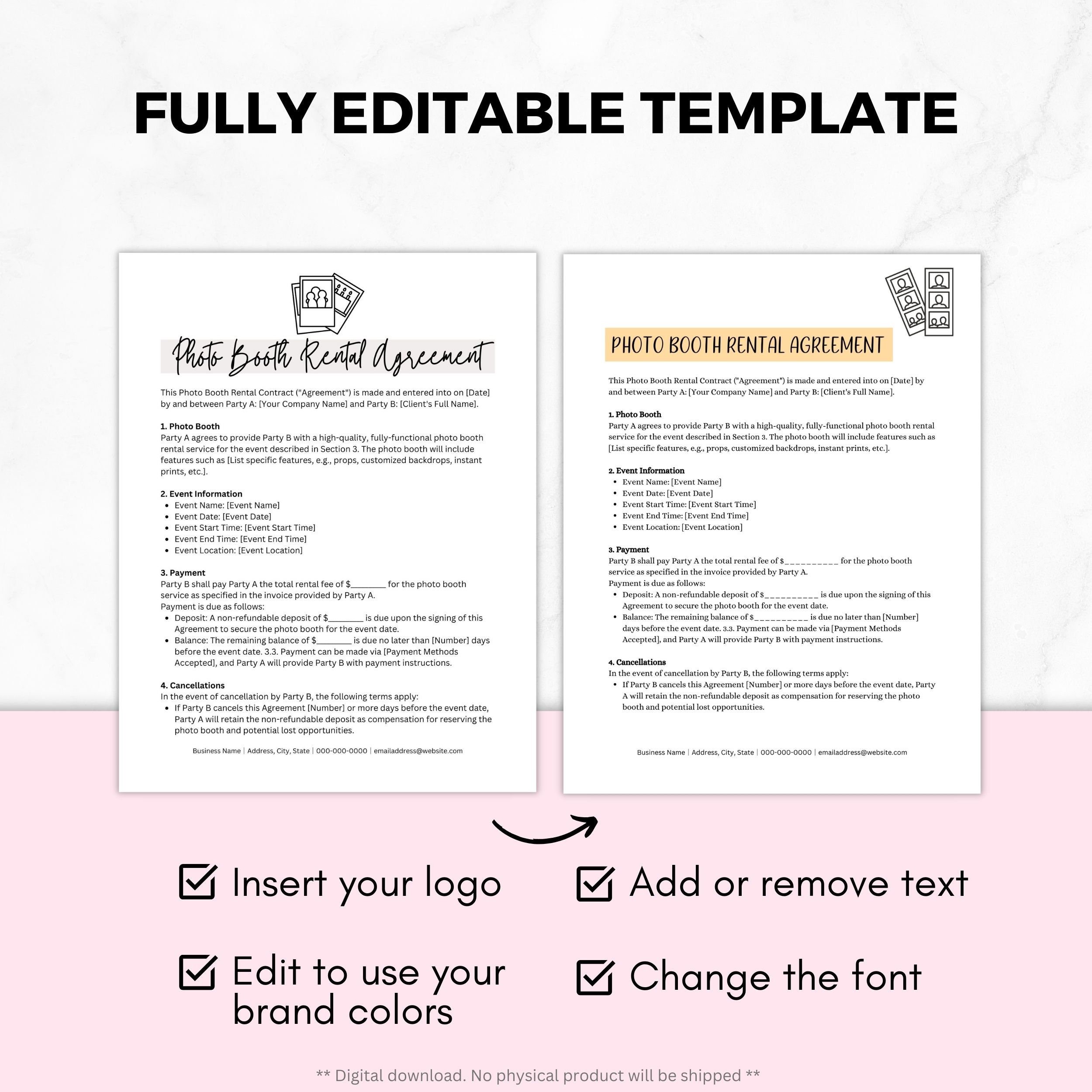 Photo Booth Contract, Editable Photo Booth Rental Contract, Photo Booth ...