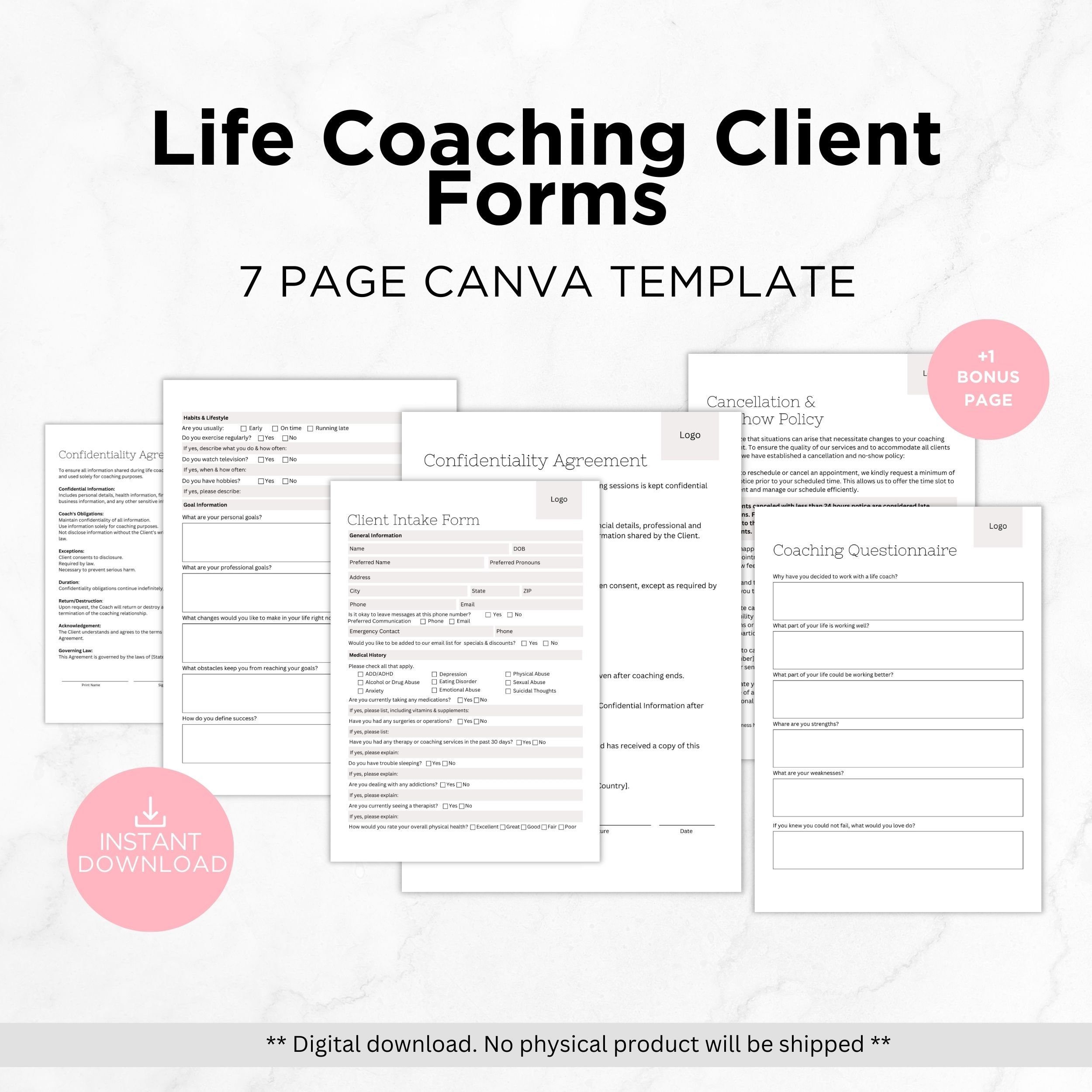 Life Coach Intake Form and Contract, Life Coaching Intake Form, Client ...