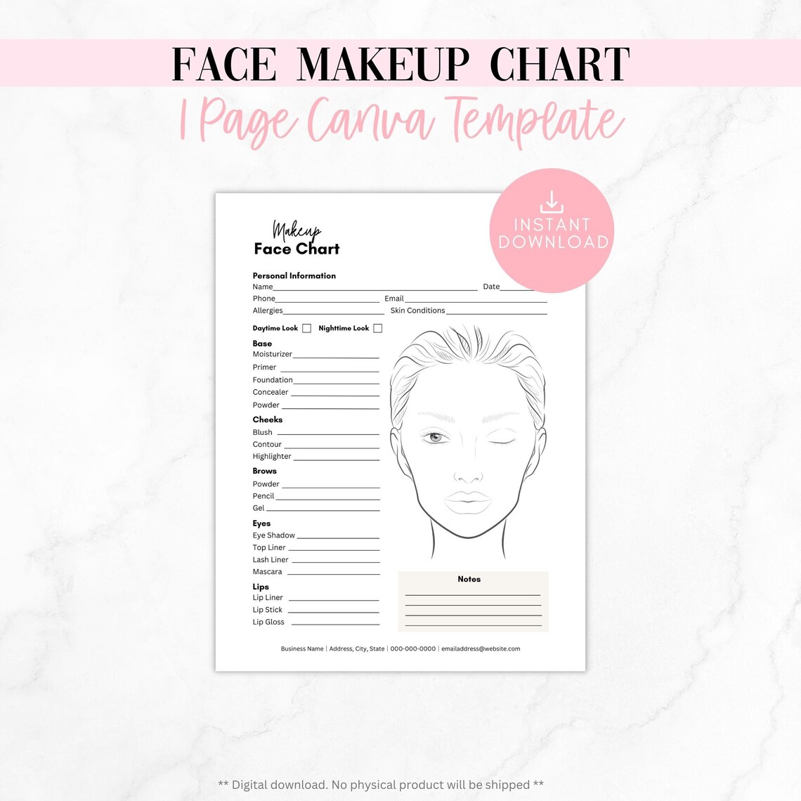 Makeup Artist Face Chart, Makeup Consultation Form, Makeup Artist Form ...