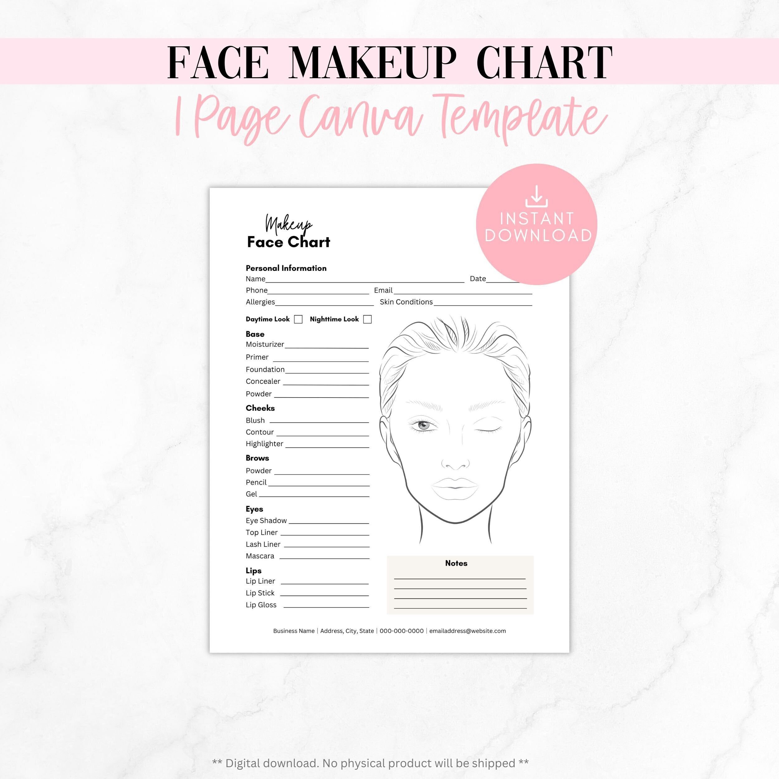 Makeup Artist Face Chart, Makeup Consultation Form, Makeup Artist Form ...