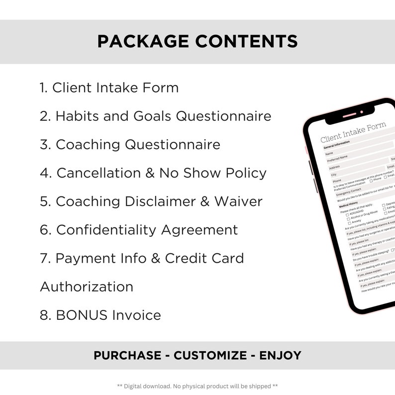 Life Coach Intake Form and Contract, Life Coaching Intake Form, Client ...