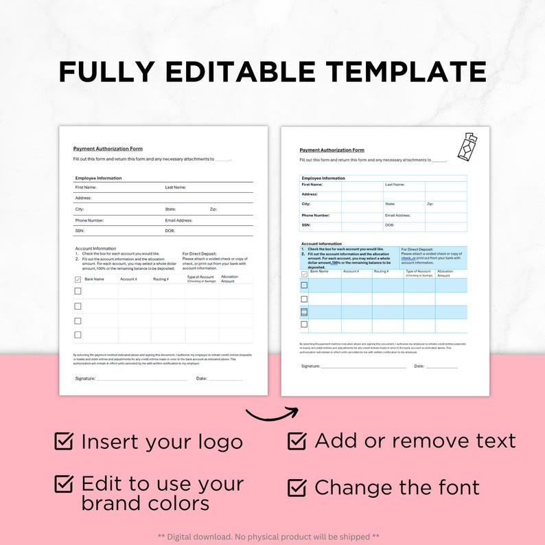 Editable Direct Deposit Authorization Template, Direct Deposit ...