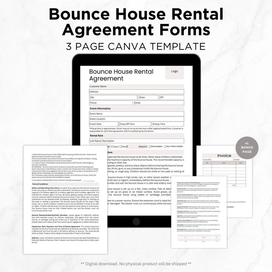 Editable Bounce House Rental Agreement and General Liability Waiver ...