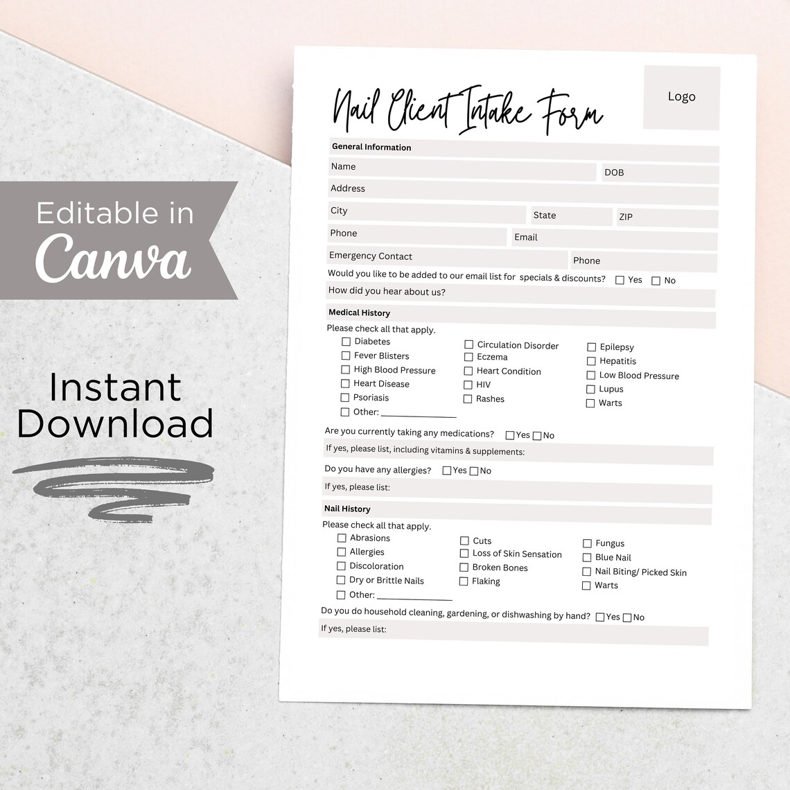 Nail Salon Waiver Form, Nail Consultation Form, Nail Consent Form, Nail ...