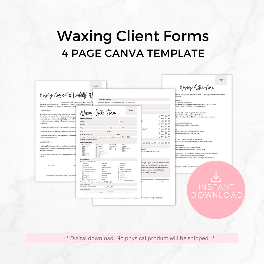 Editable Waxing Client Forms, Esthetician Forms, Canva Template, Waxing ...