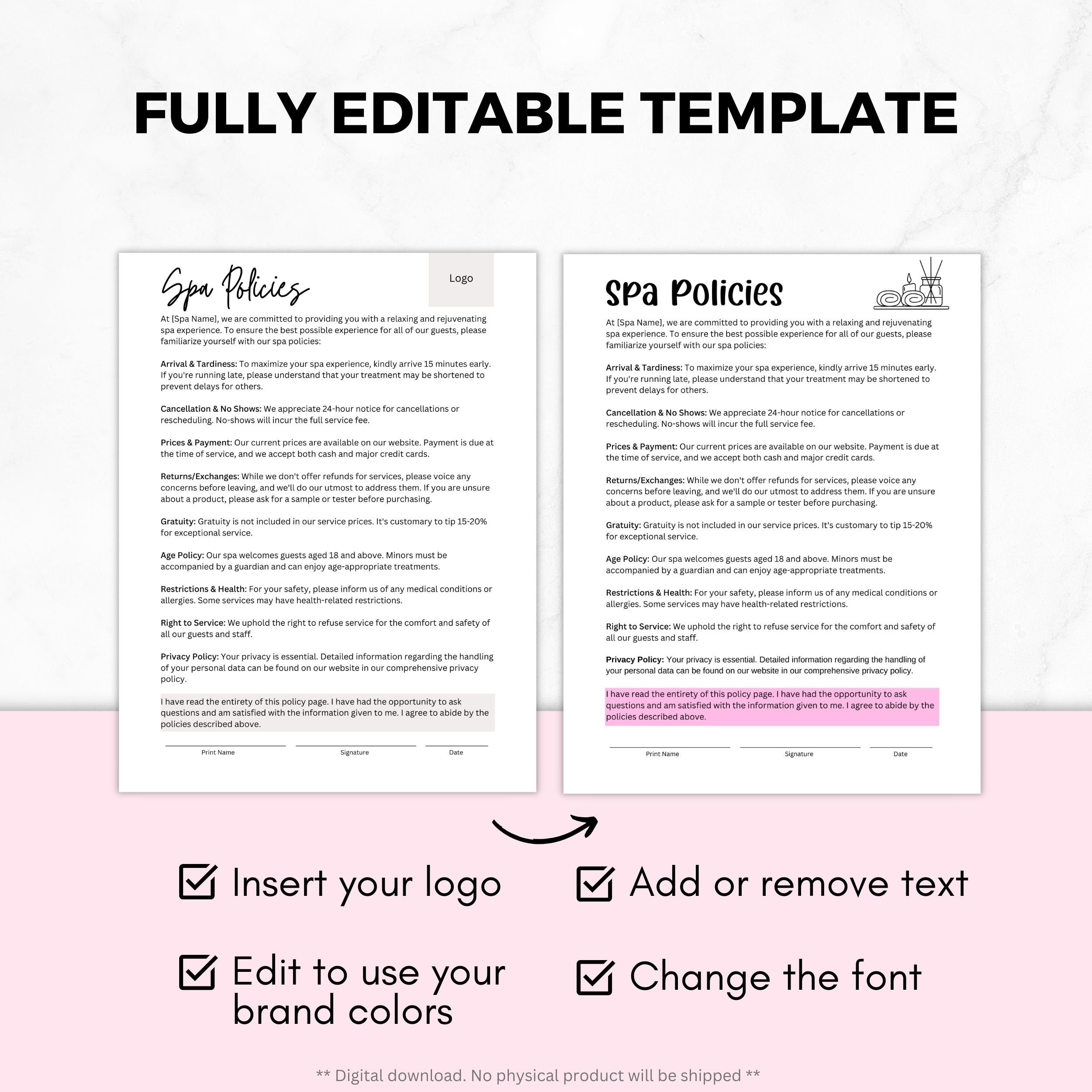 Spa Cancellation Policy Template, Editable Salon Policy Template, Spa ...
