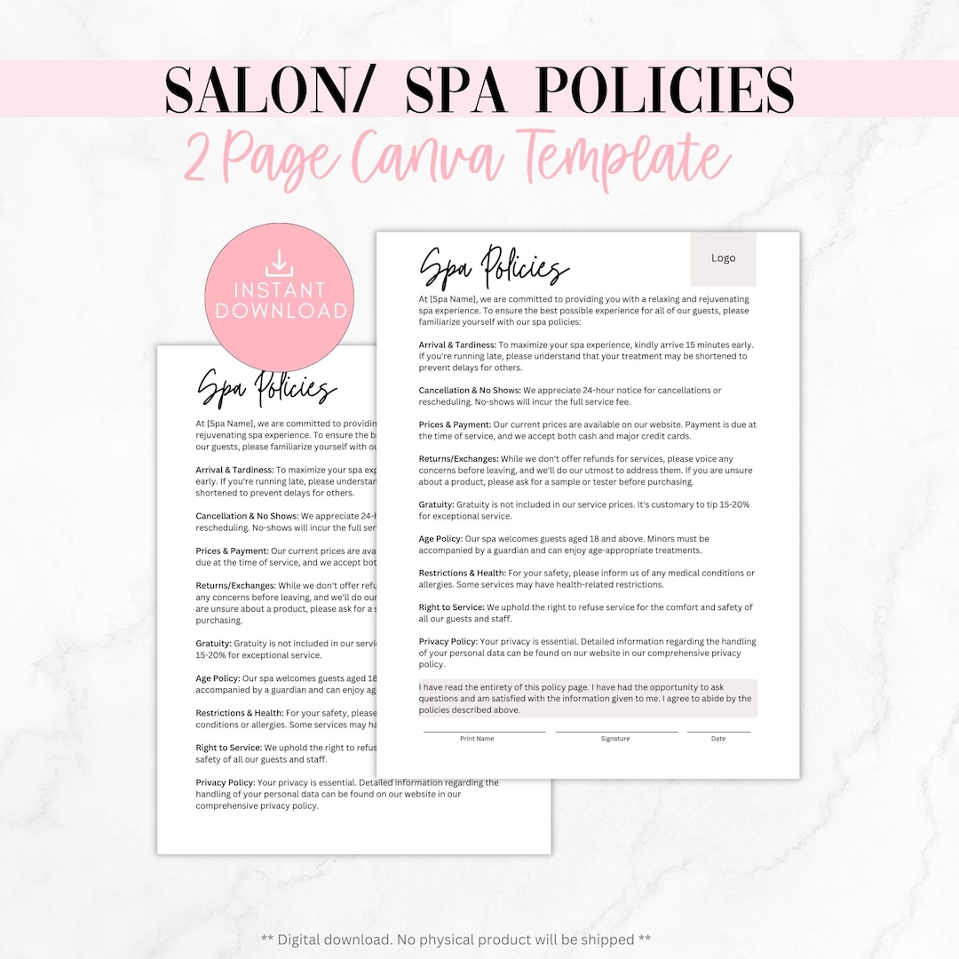Spa Cancellation Policy Template, Editable Salon Policy Template, Spa ...