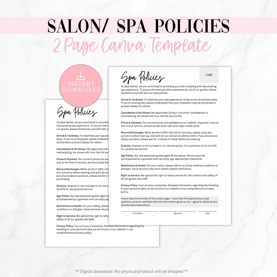 Spa Cancellation Policy Template, Editable Salon Policy Template, Spa ...