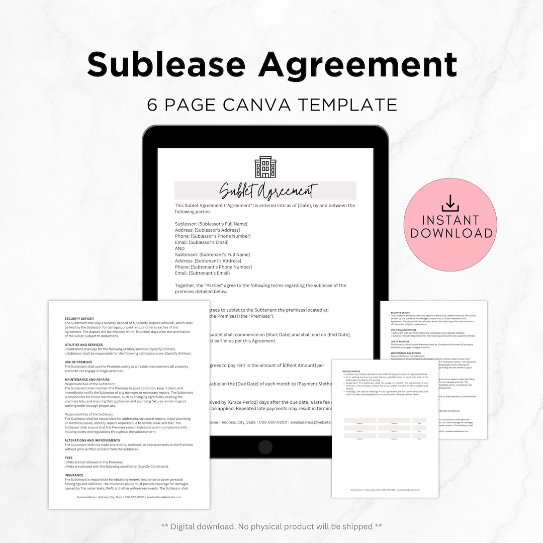 Sublet Contract, Sublet Agreement Form, Sublet Rent Agreement, Sublet ...