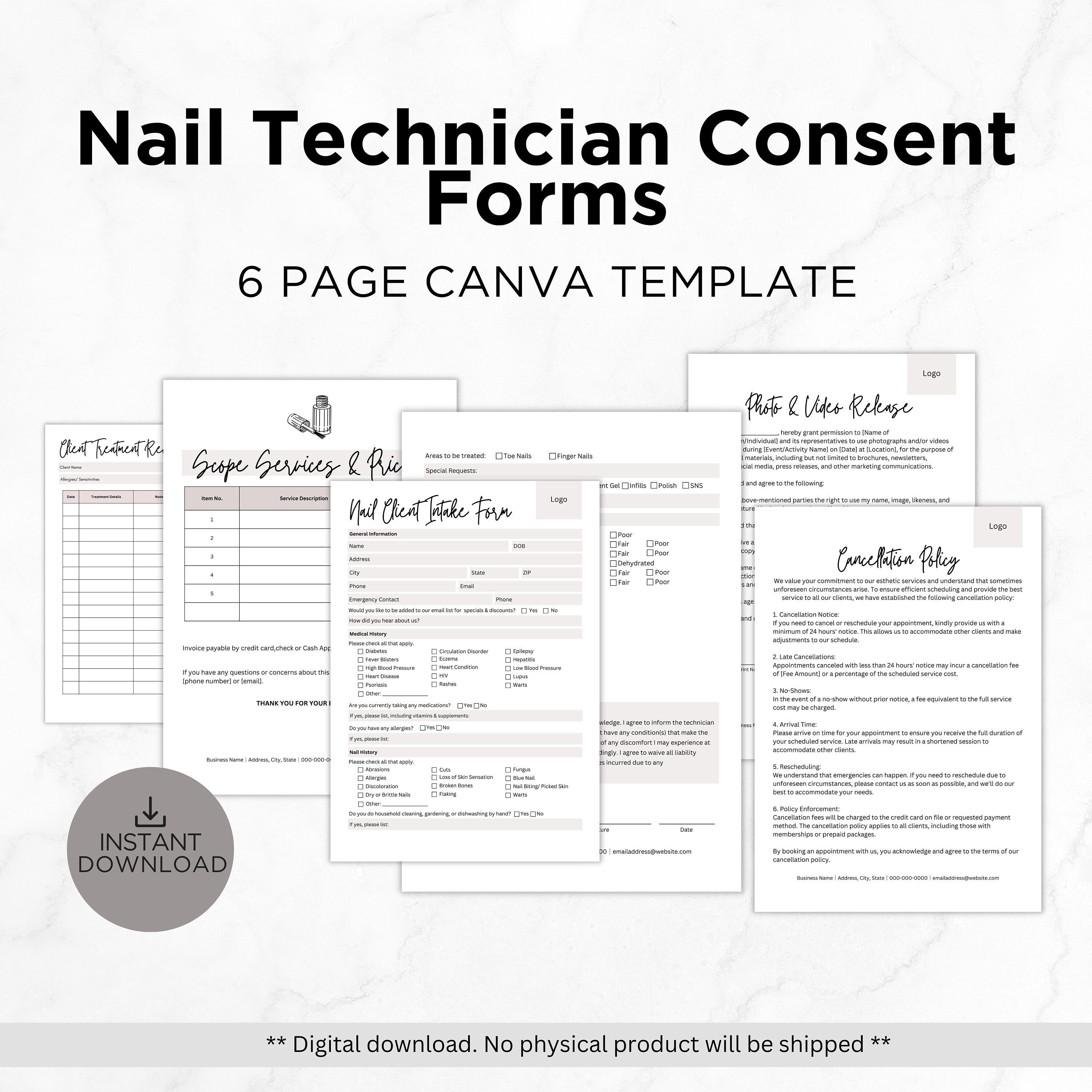 Nail Salon Waiver Form, Nail Consultation Form, Nail Consent Form, Nail ...
