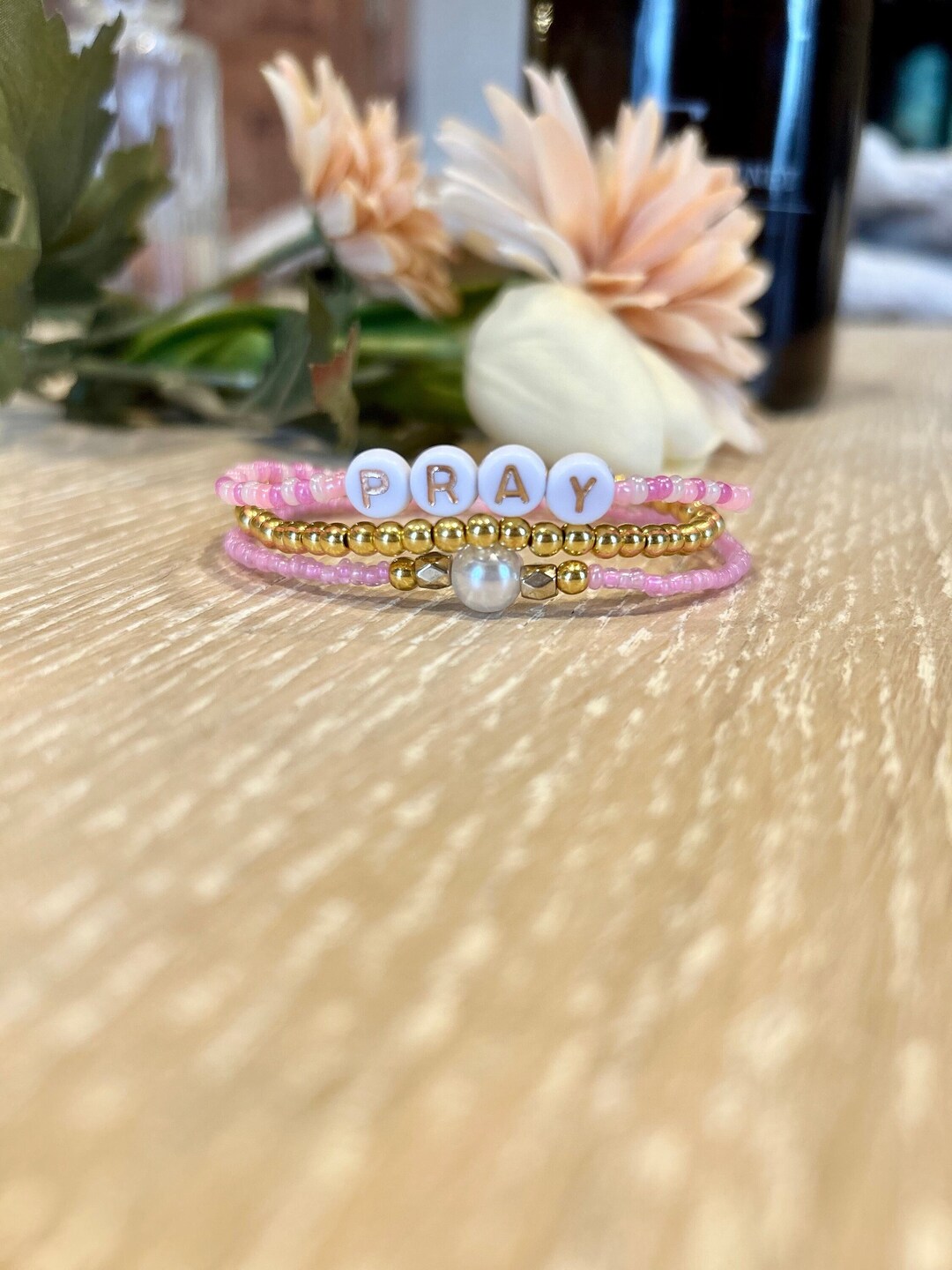 PRAY Pink and Gold Bracelet Stack - Etsy