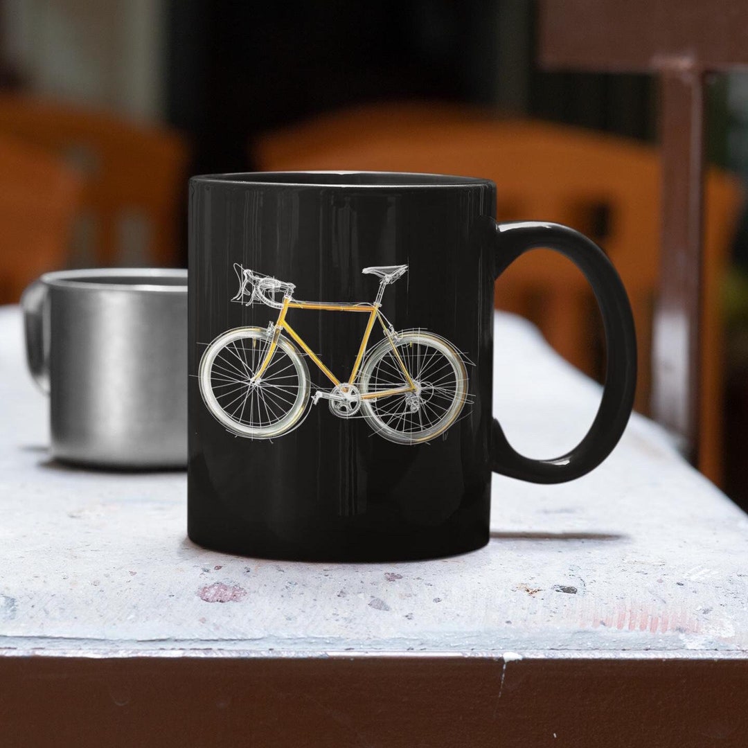 Yellow Bike Sketch Mug: Yellow Bicycle on Black 11/15oz Coffee Cup for ...