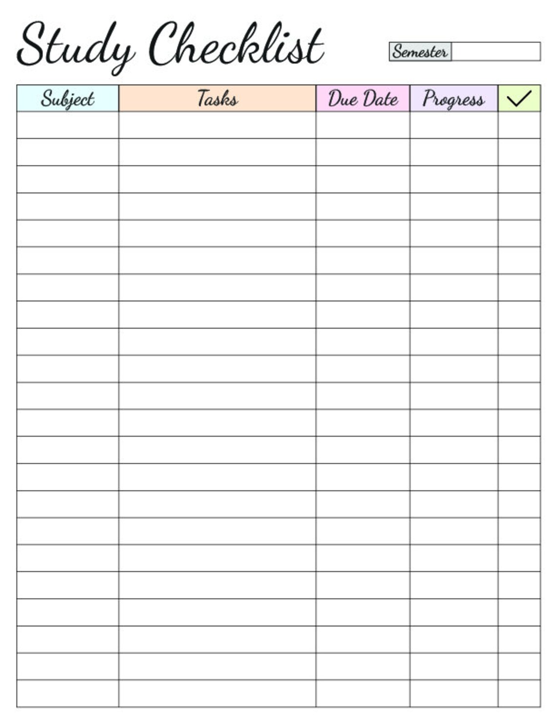 Color Full Study Checklist Fillable Simple Checklist Template , Monthly ...