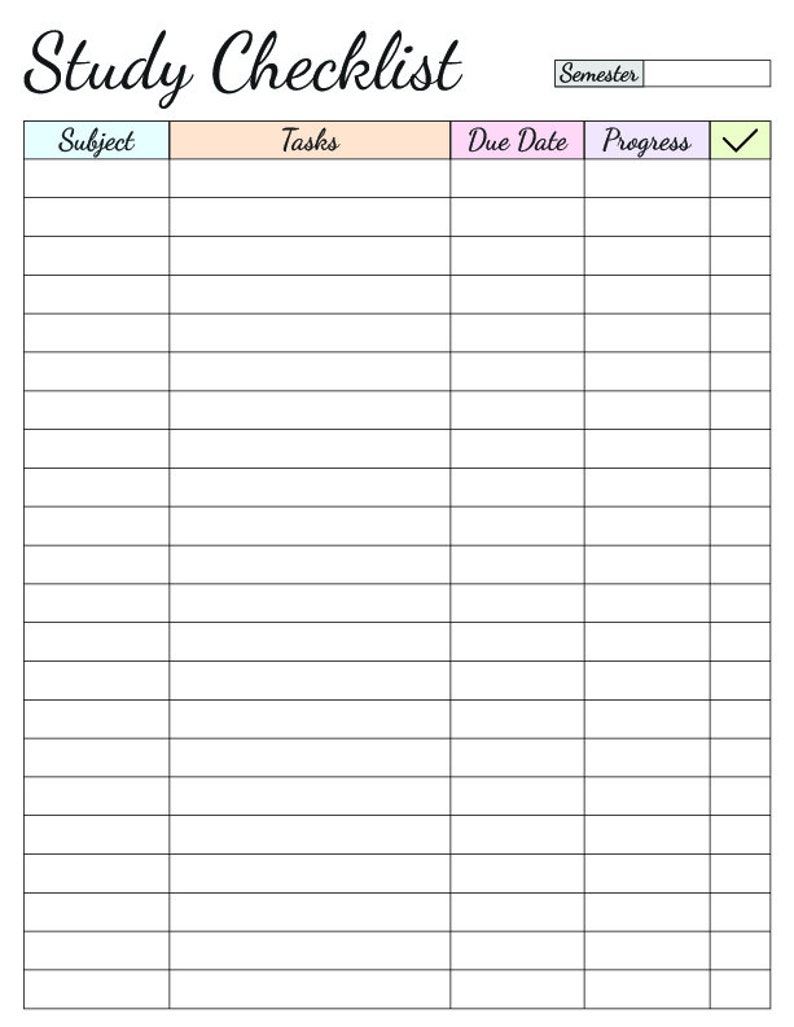 Color Full Study Checklist Fillable Simple Checklist Template , Monthly ...