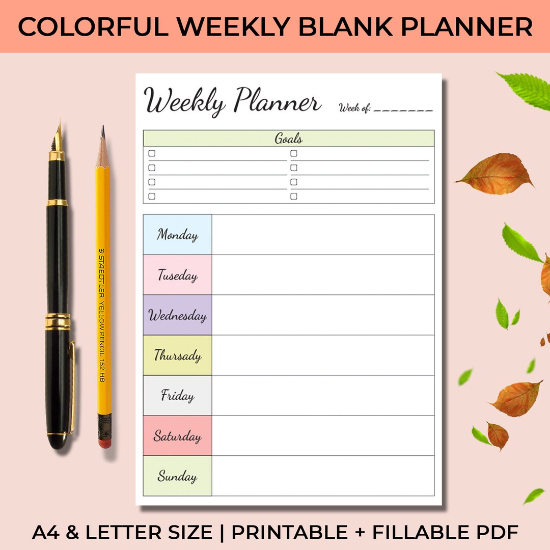 Colorful Weekly Blank Planner, Weekly Schedule Daily Planner, Weekly ...