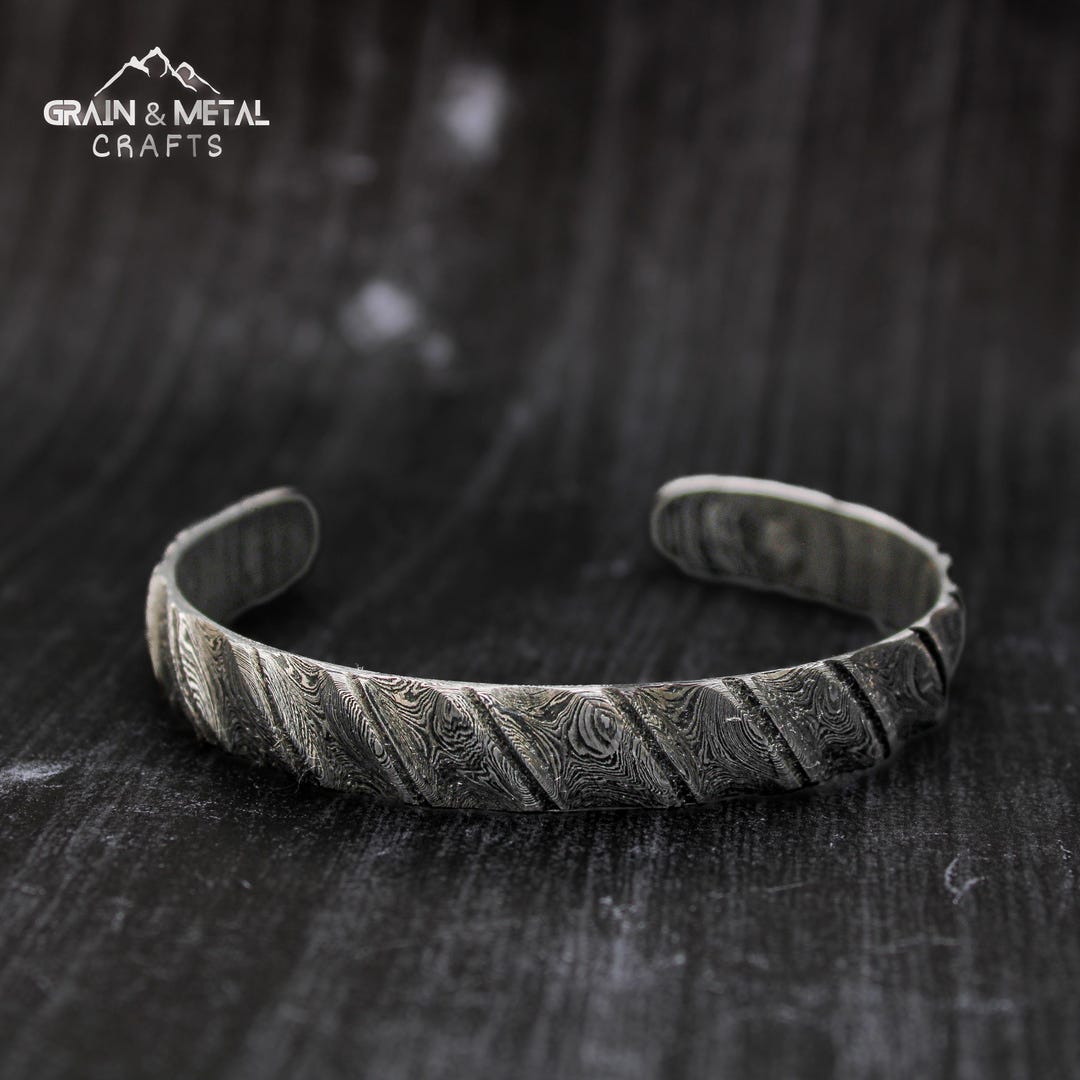 Damascus Steel Bangle Hand Forged Steel Cuff Bracelet Viking Modern ...