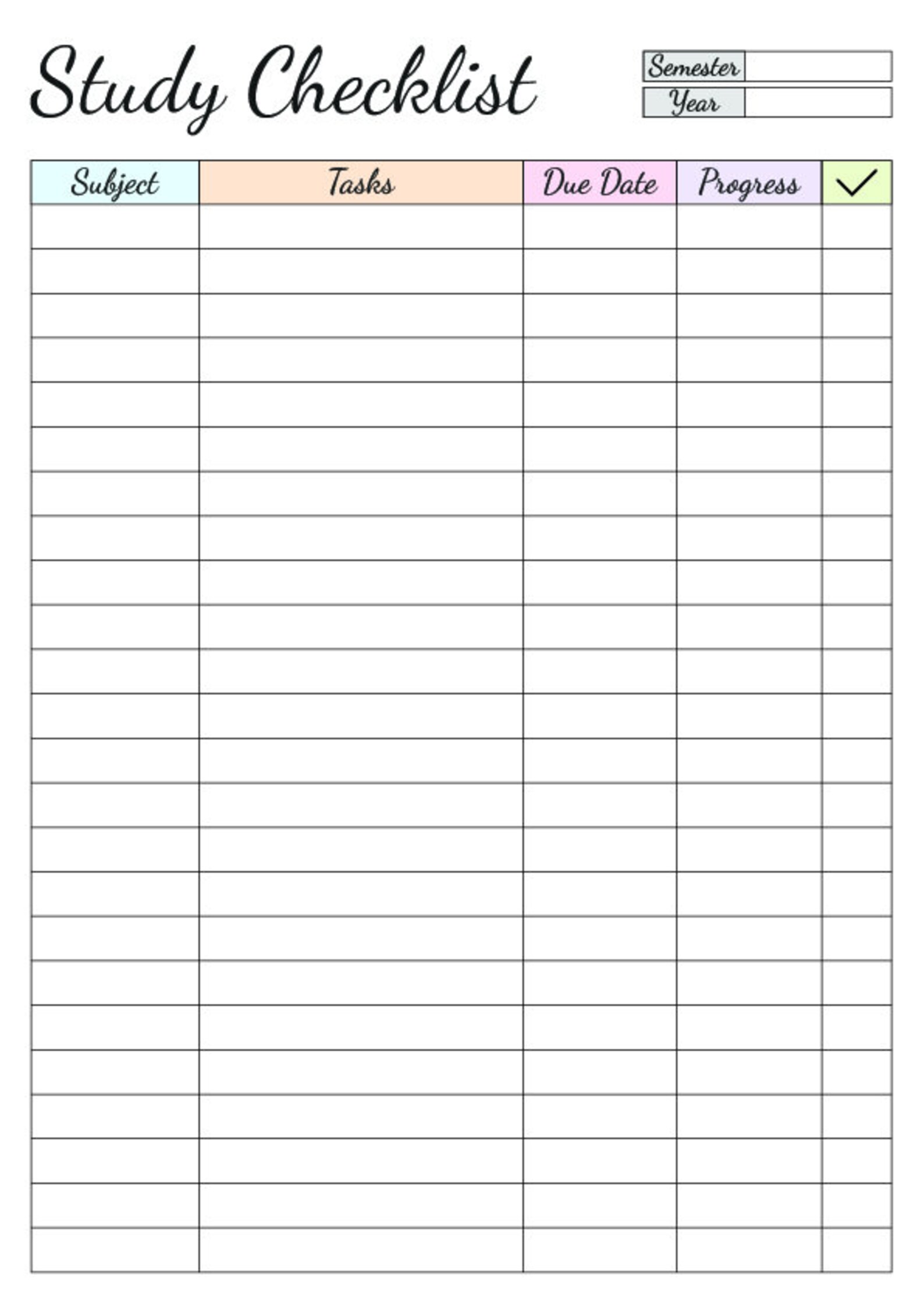 Color Full Study Checklist Fillable Simple Checklist Template , Monthly ...